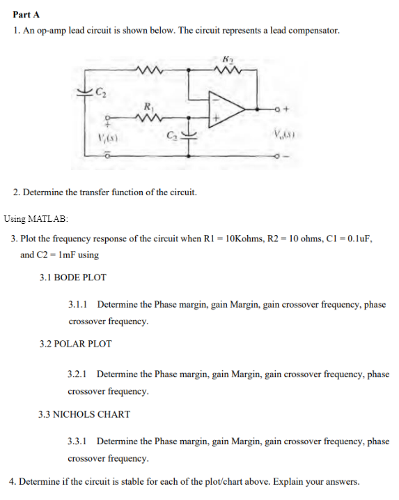 Solved Part A 1. An op-amp lead circuit is shown below. The | Chegg.com