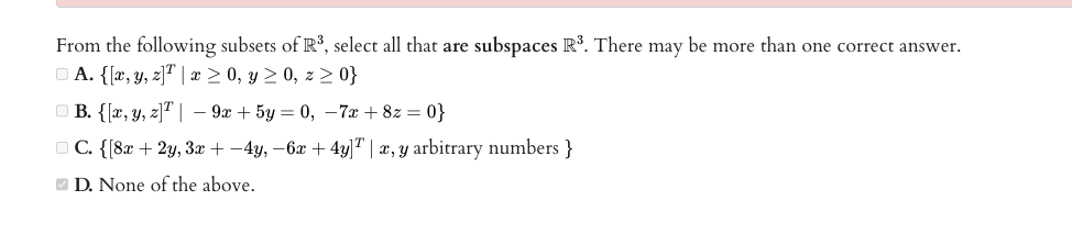 Solved From the following subsets of R3, ﻿select all that | Chegg.com