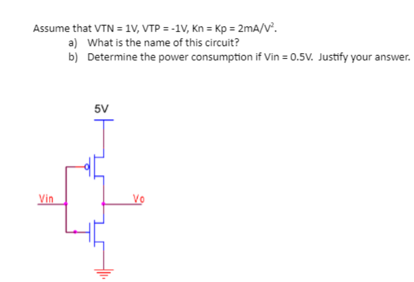 Solved Assume that VTN =1 V,VTP=−1 V,Kn=Kp=2 mA/V2. a) What | Chegg.com