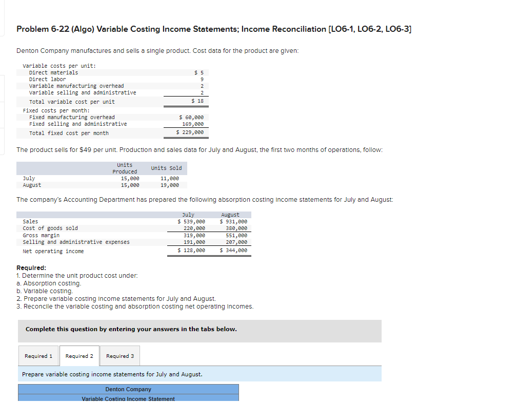 Solved Problem 6-22 (Algo) Variable Costing Income | Chegg.com