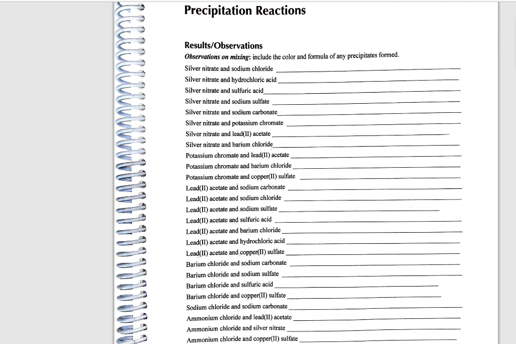 Solved Precipitation Reactions Results/Observations | Chegg.com