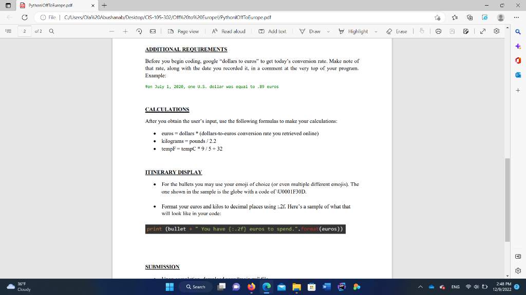 Solved CIS-105 / PYTHON OFF TO EUROPE! YOUR TASK Write a | Chegg.com