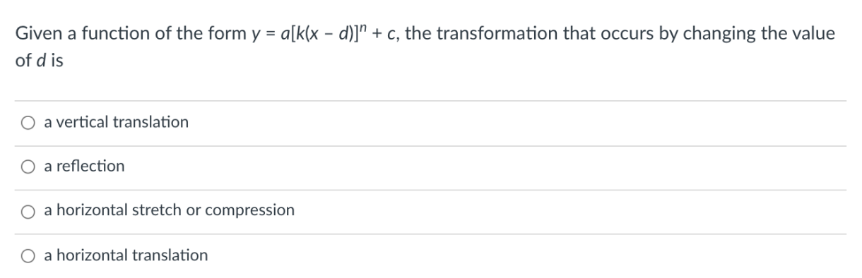 Solved Given a function of the form y=a[k(x−d)]n+c, the | Chegg.com