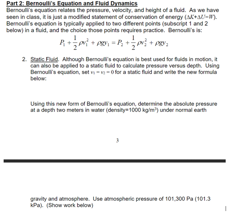 Solved Part 2: Bernoulli's Equation and Fluid Dynamics | Chegg.com