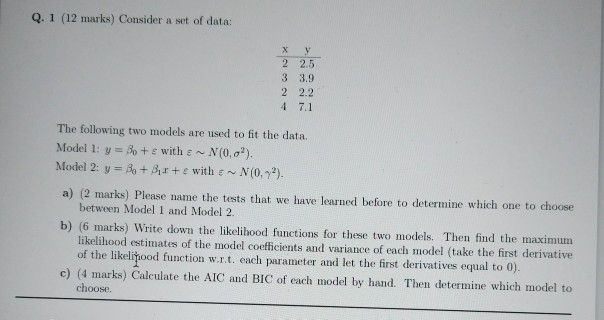 Solved Q. 1 (12 marks) Consider a set of data: х 2 3 2 4 у | Chegg.com