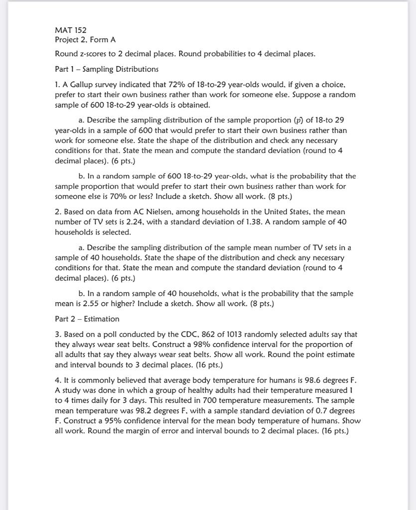 Solved MAT 152 Project 2. Form A Round z-scores to 2 decimal | Chegg.com