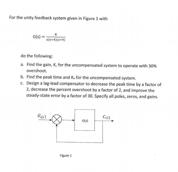 Solved For the unity feedback system given in Figure 1 with | Chegg.com