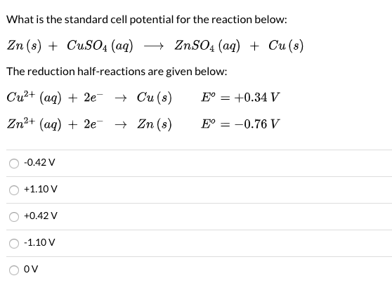 Solved What is the standard cell potential for the reaction | Chegg.com