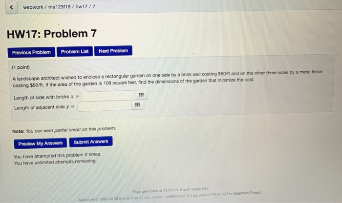 Solved webwork /ma123f19/ hw17/7 HW17: Problem 7 Previous | Chegg.com Solved webwork /ma123f19/ hw17/7 HW17: Problem 7 Previous | Chegg.com