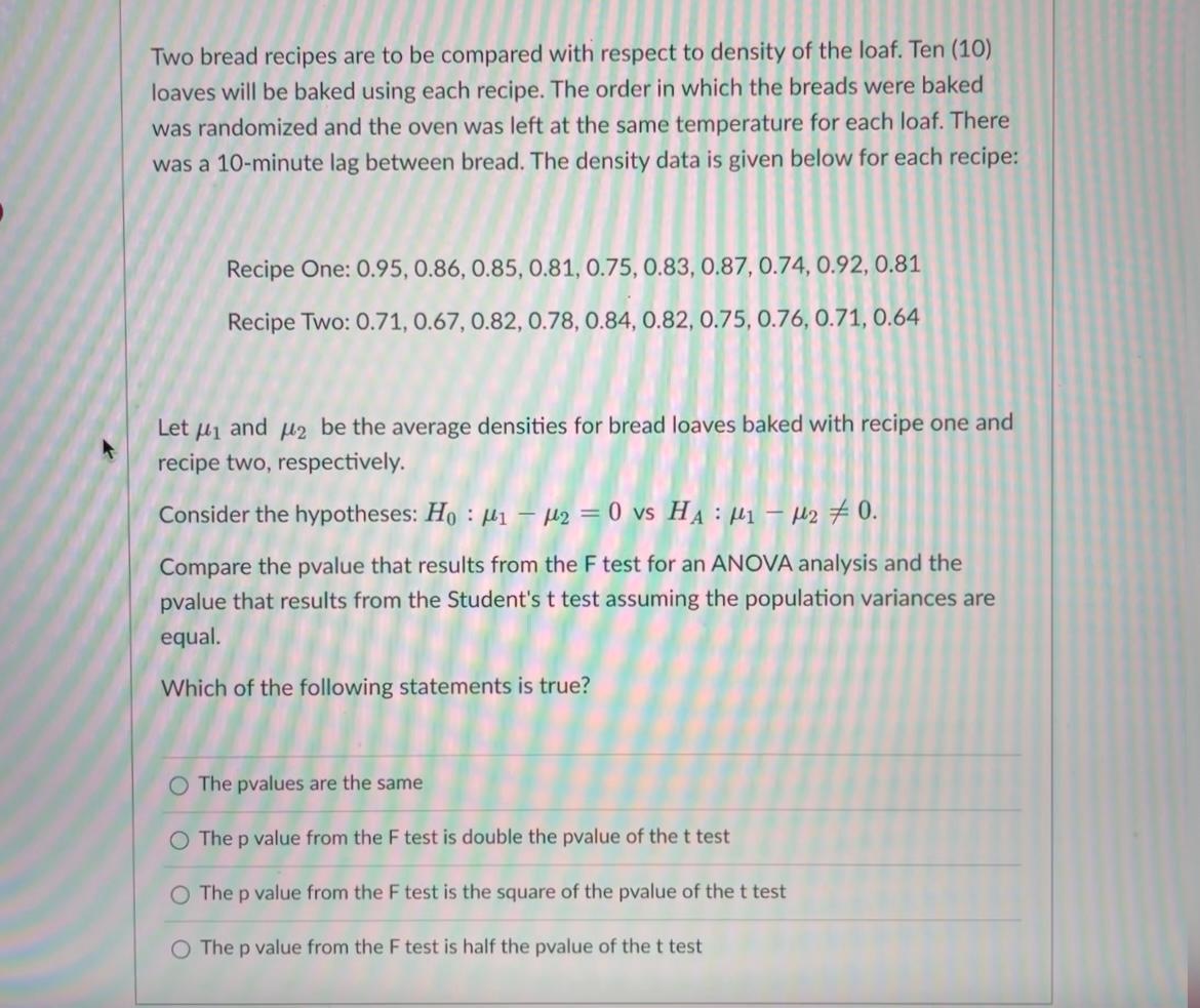 Solved Two bread recipes are to be compared with respect to | Chegg.com