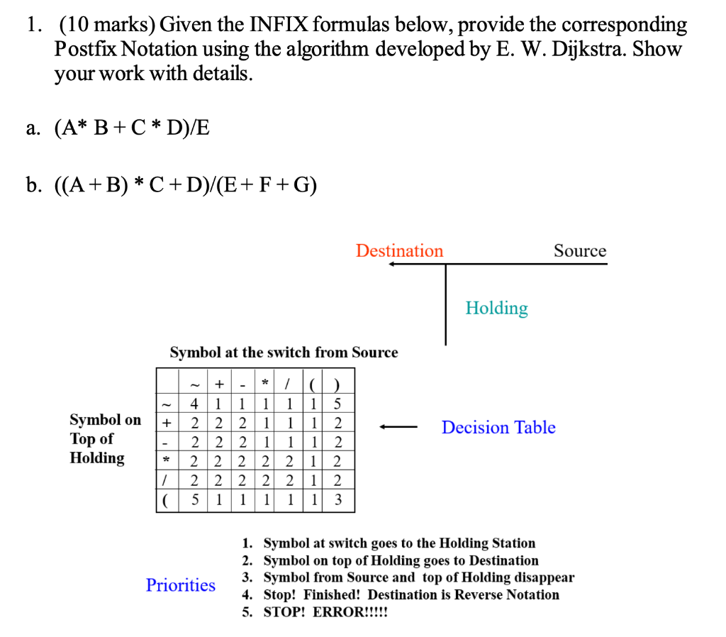 1. (10 marks) Given the INFIX formulas below, provide | Chegg.com