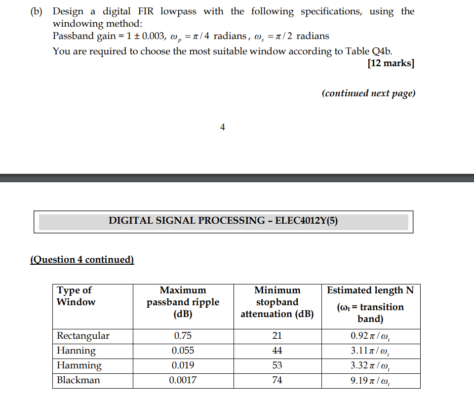 Solved (b) Design a digital FIR lowpass with the following | Chegg.com