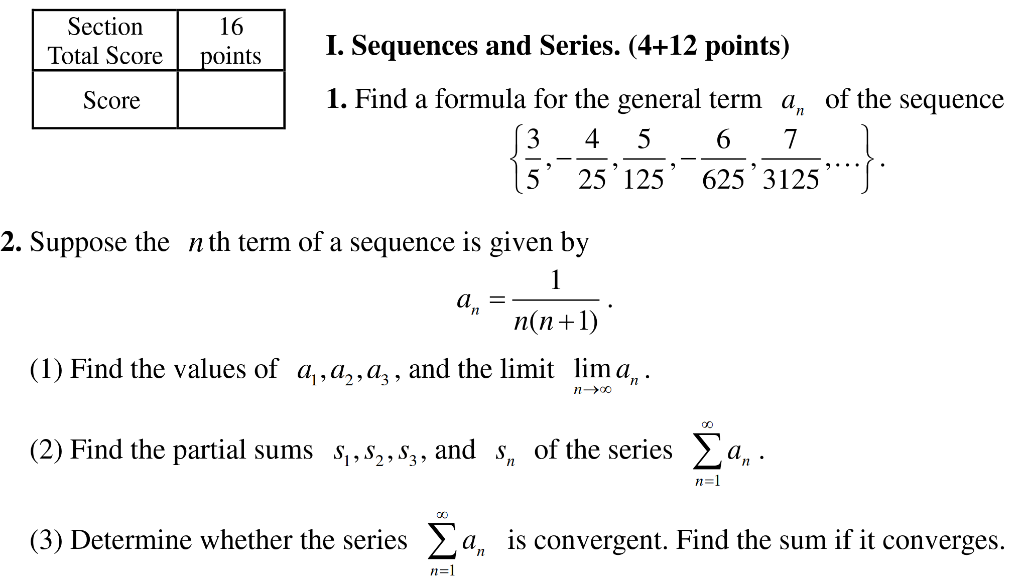 Solved I. Sequences and Series. (4+12 points) 1. Find a | Chegg.com