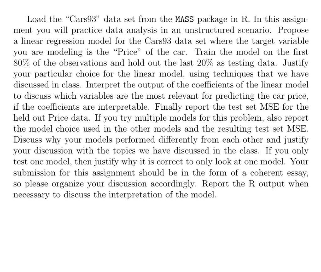 Solved Load the "Cars93" data set from the MASS package in | Chegg.com