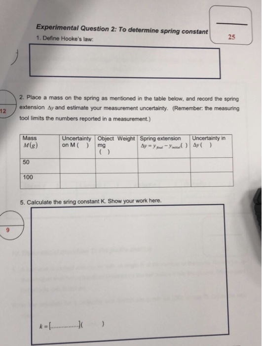 Solved Experimental Question 2: To determine spring constant | Chegg.com