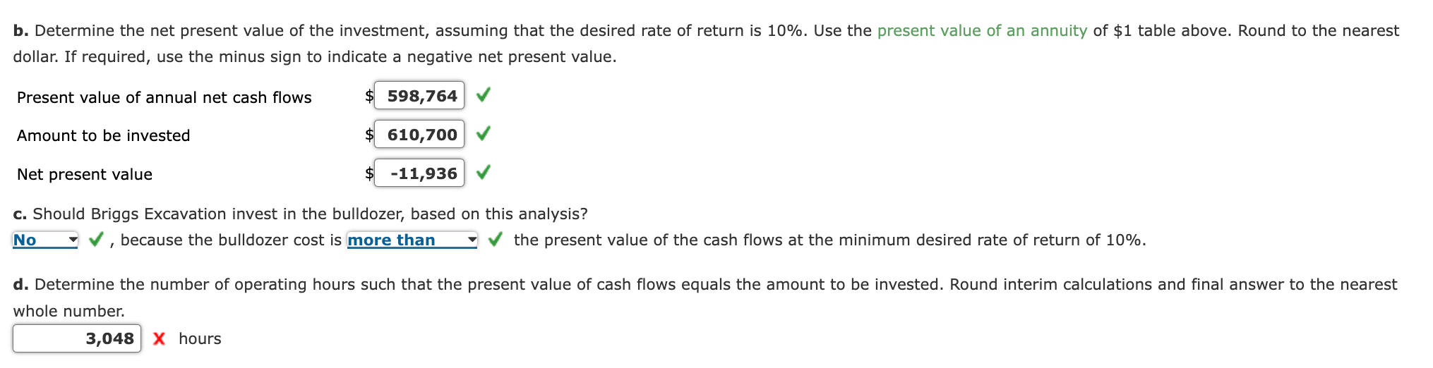 Solved Net Present Value Method-Annuity Briggs Excavation | Chegg.com