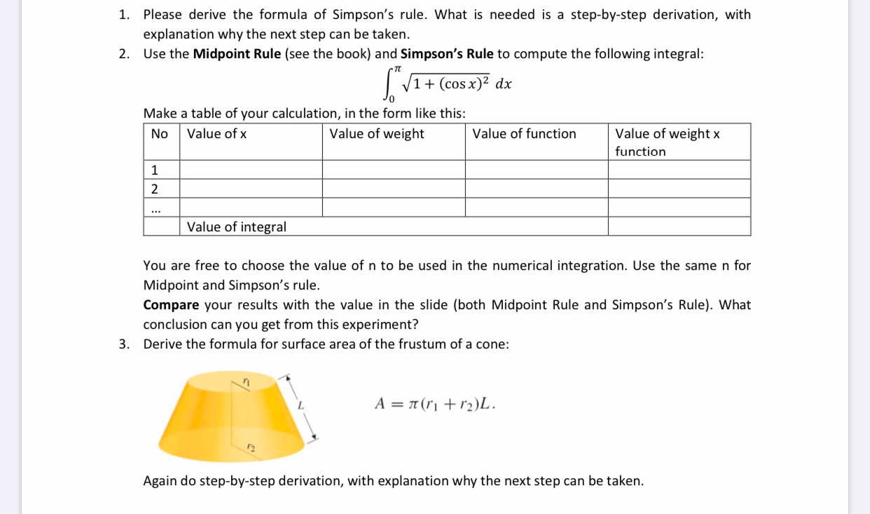 Solved 1. Please derive the formula of Simpson's rule. What | Chegg.com