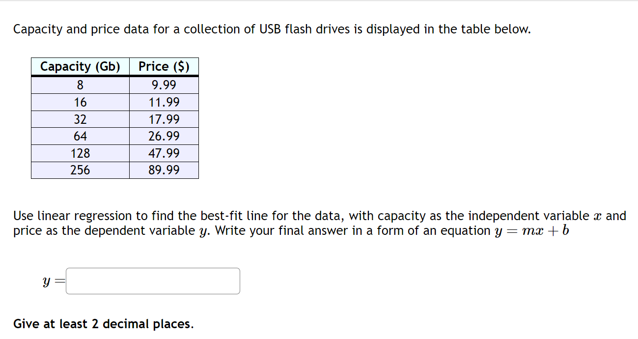 Solved Capacity and price data for a collection of USB flash | Chegg.com