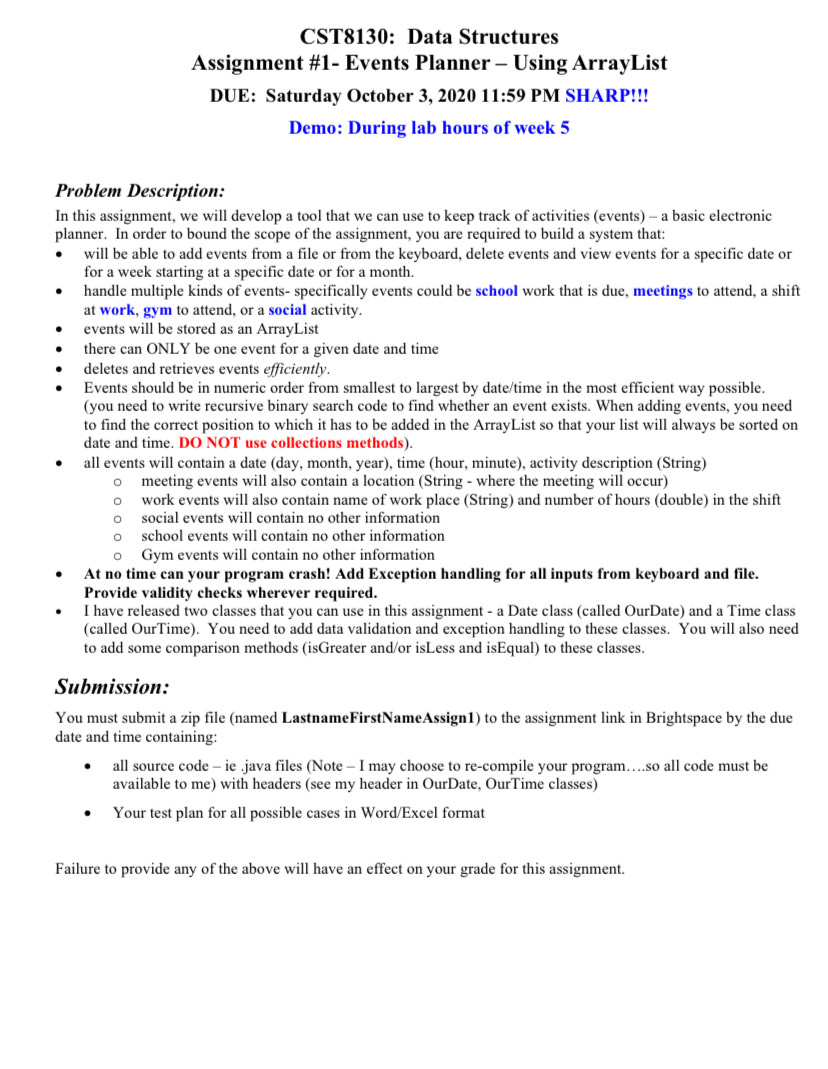 CST8130: Data Structures Assignment #1- Events | Chegg.com