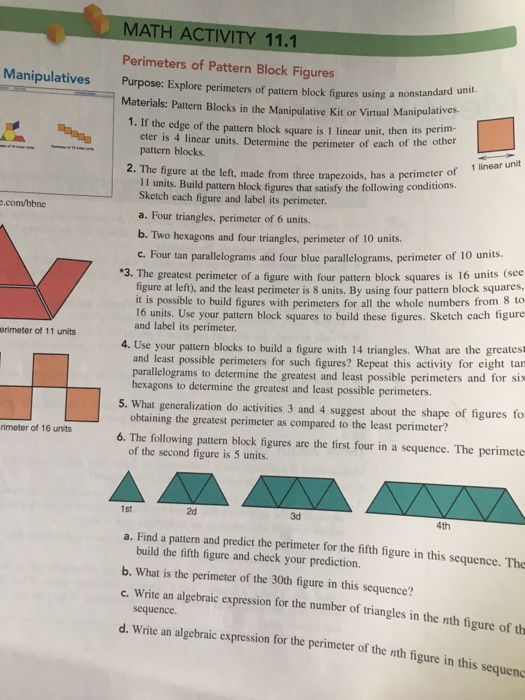 Solved MATH ACTIVITY 11.1 Perimeters of Pattern Block | Chegg.com