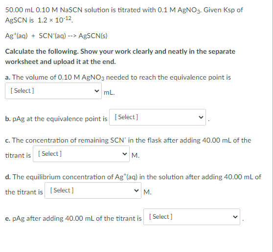Solved 50.00 mL 0.10 M NASCN solution is titrated with 0.1 M | Chegg.com