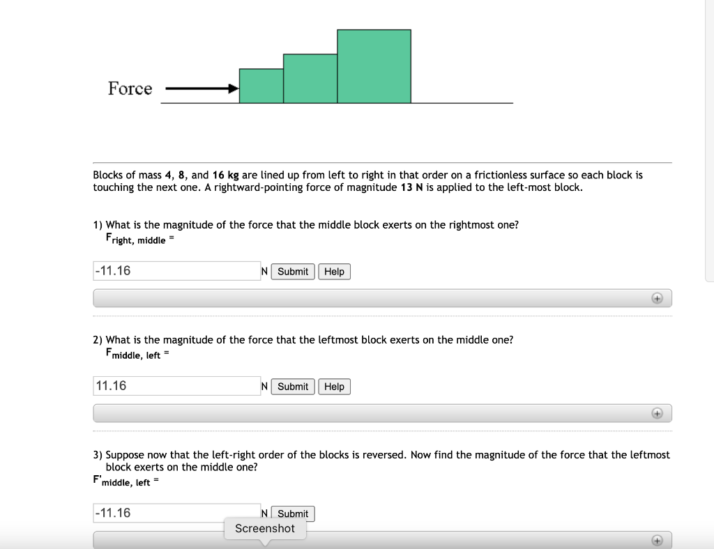 Solved Force Blocks of mass 4, 8, and 16 kg are lined up | Chegg.com