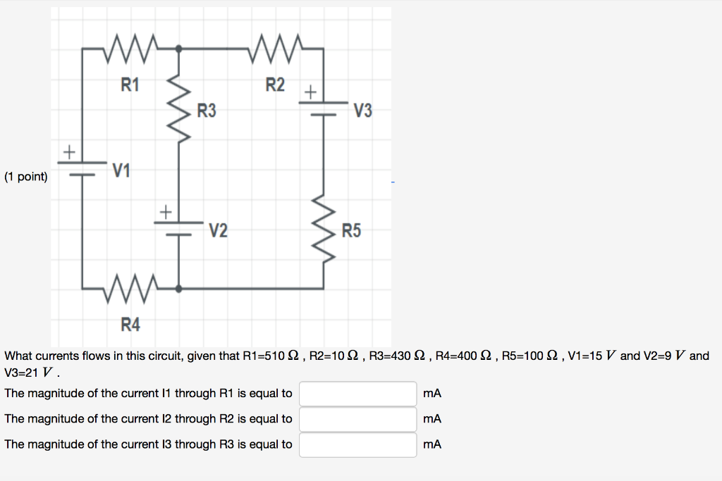 Solved R4 R2 R5 1 point) R1 R3 V1 V2 What currents flows in | Chegg.com