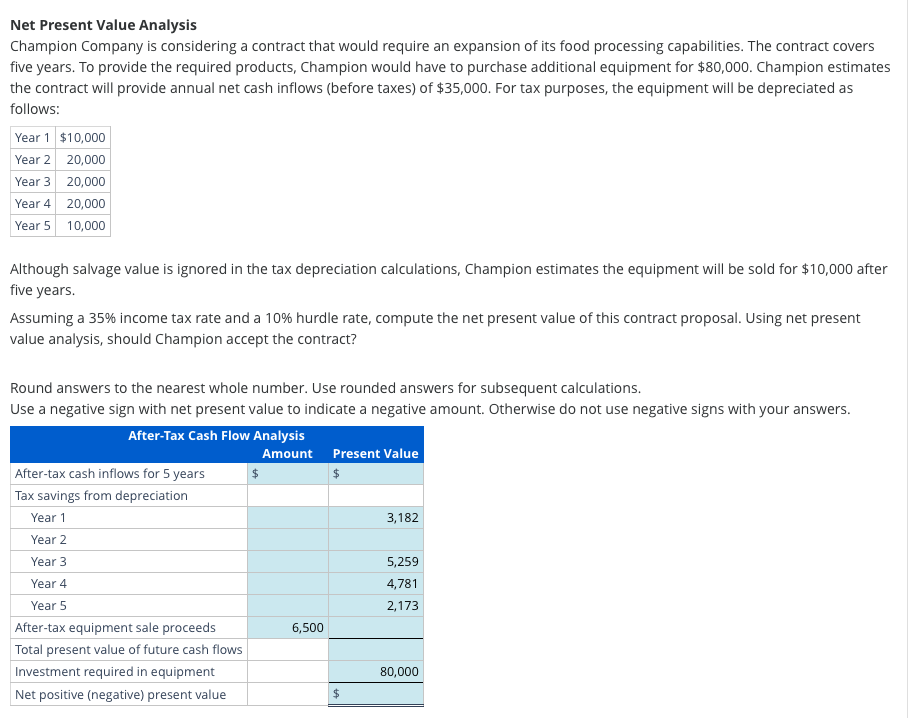 Solved Net Present Value AnalysisChampion Company is | Chegg.com