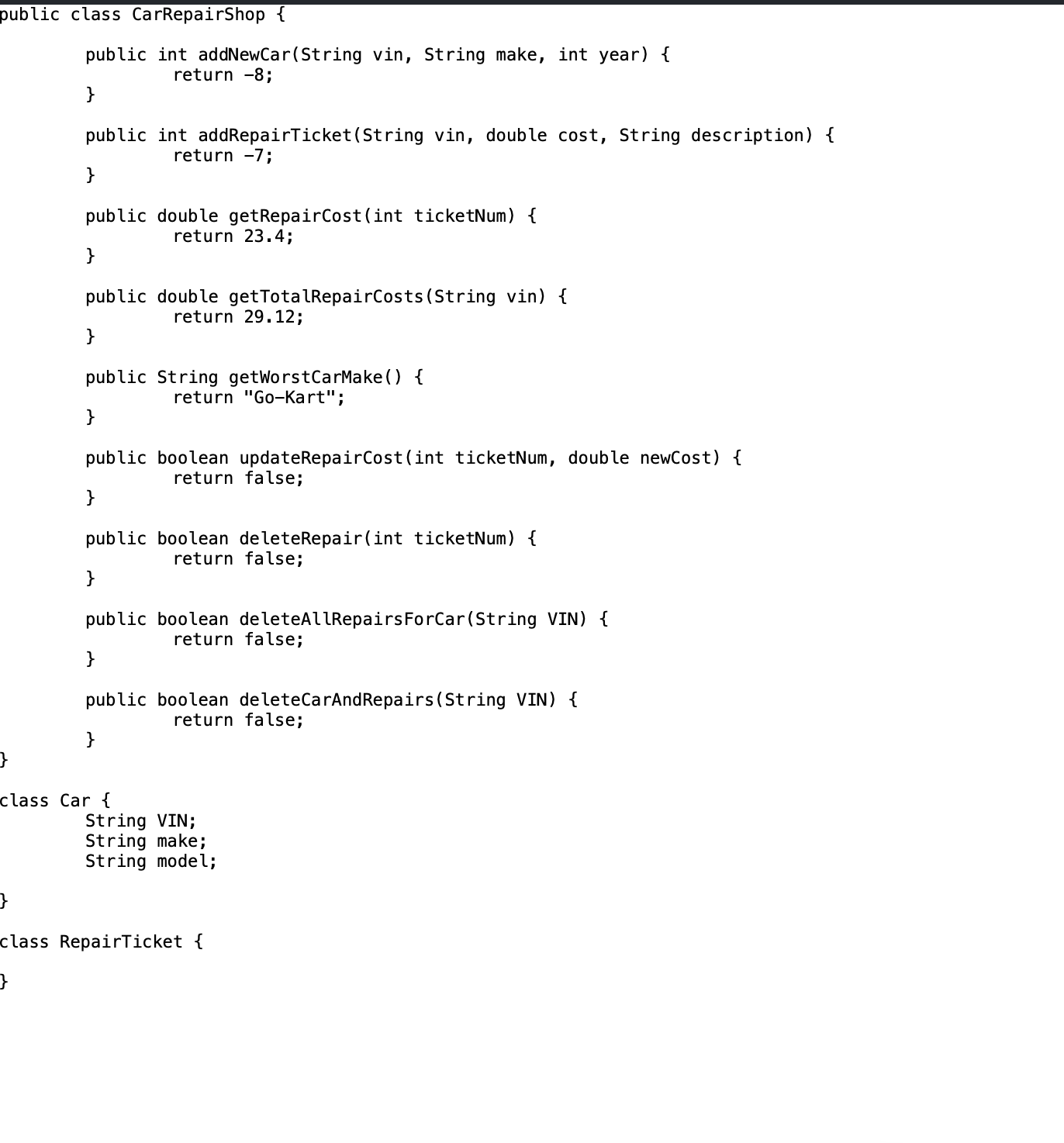 Solved ASSIGNMENT (JAVA PLEASE!) Part I: Bobby Car Repair | Chegg.com