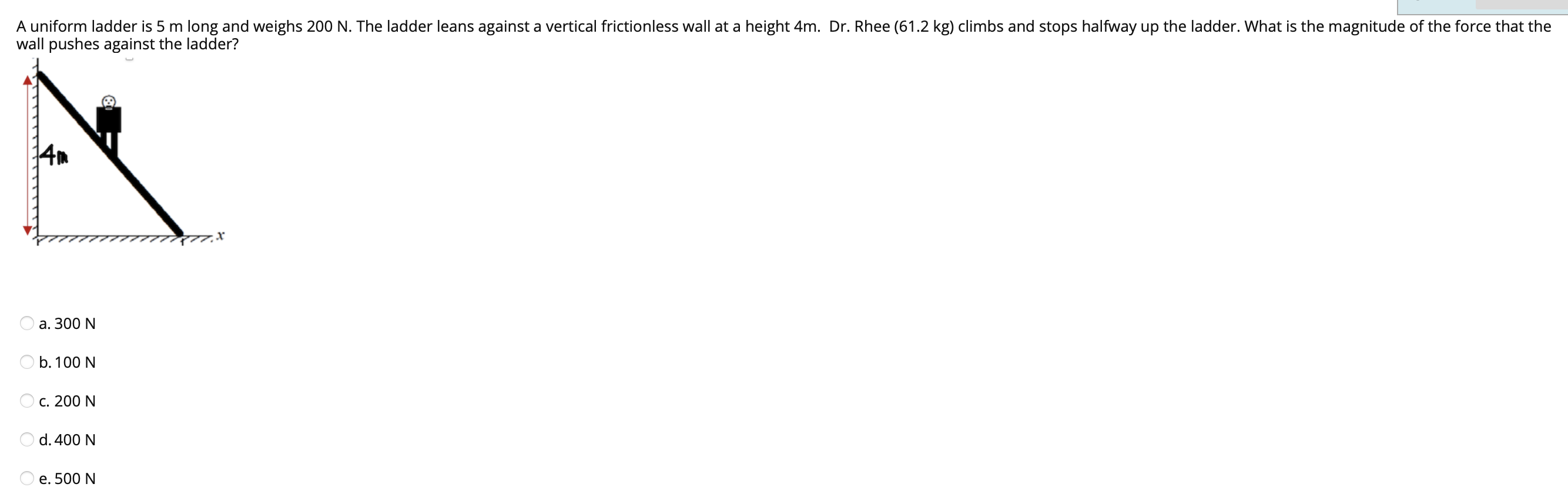 Solved A uniform ladder is 5 m long and weighs 200 N. The | Chegg.com