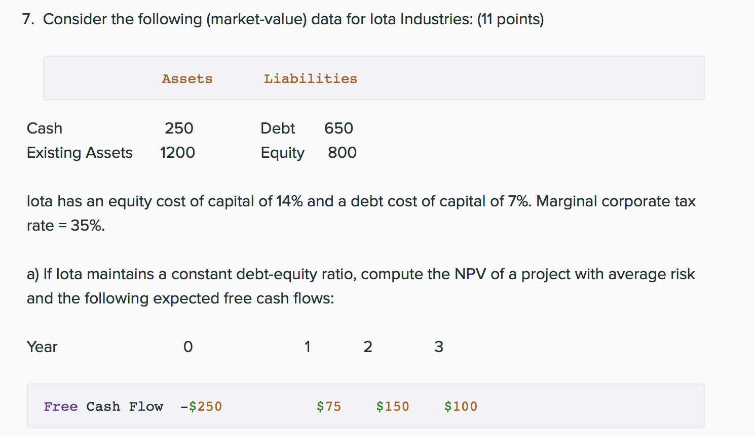 Solved 7. Consider the following (market-value) data for | Chegg.com