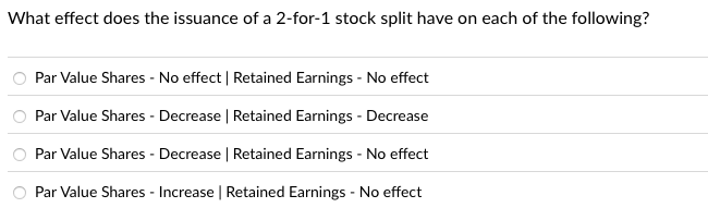Solved What effect does the issuance of a 2-for-1 ﻿stock | Chegg.com