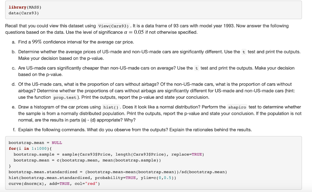 library(MASS) data (Cars93) Recall that you could | Chegg.com