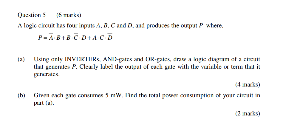 Solved Question 5 (6 marks) A logic circuit has four inputs | Chegg.com