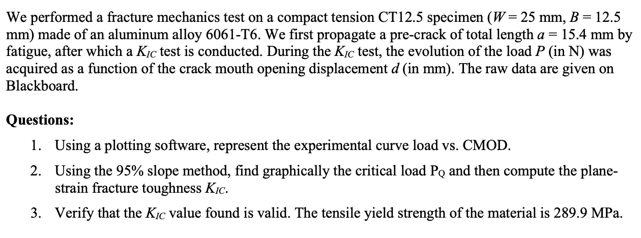 We performed a fracture mechanics test on a compact | Chegg.com