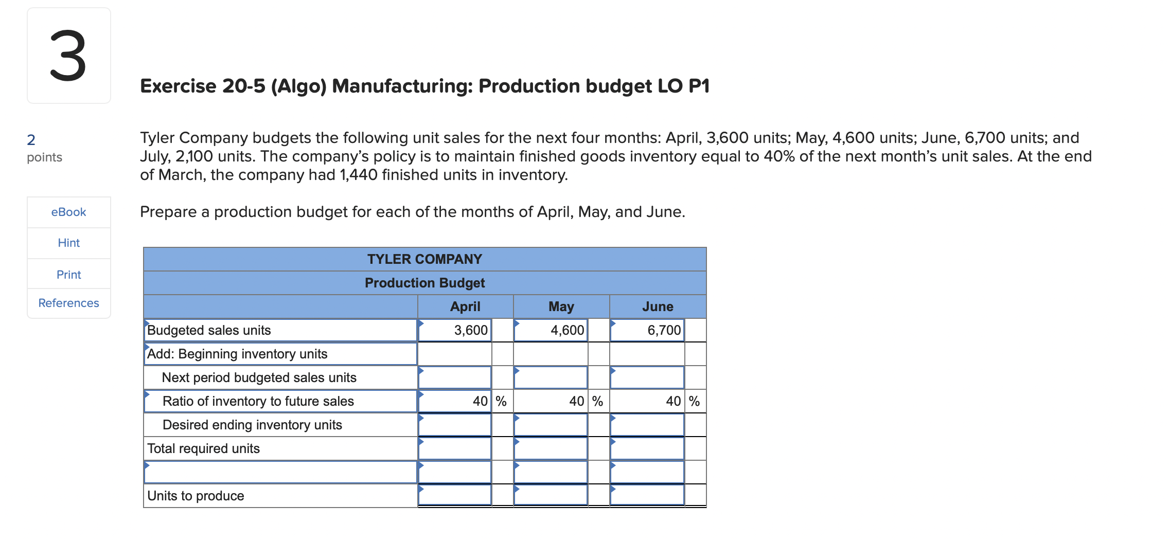 Solved Exercise 20-5 (Algo) Manufacturing: Production budget | Chegg.com
