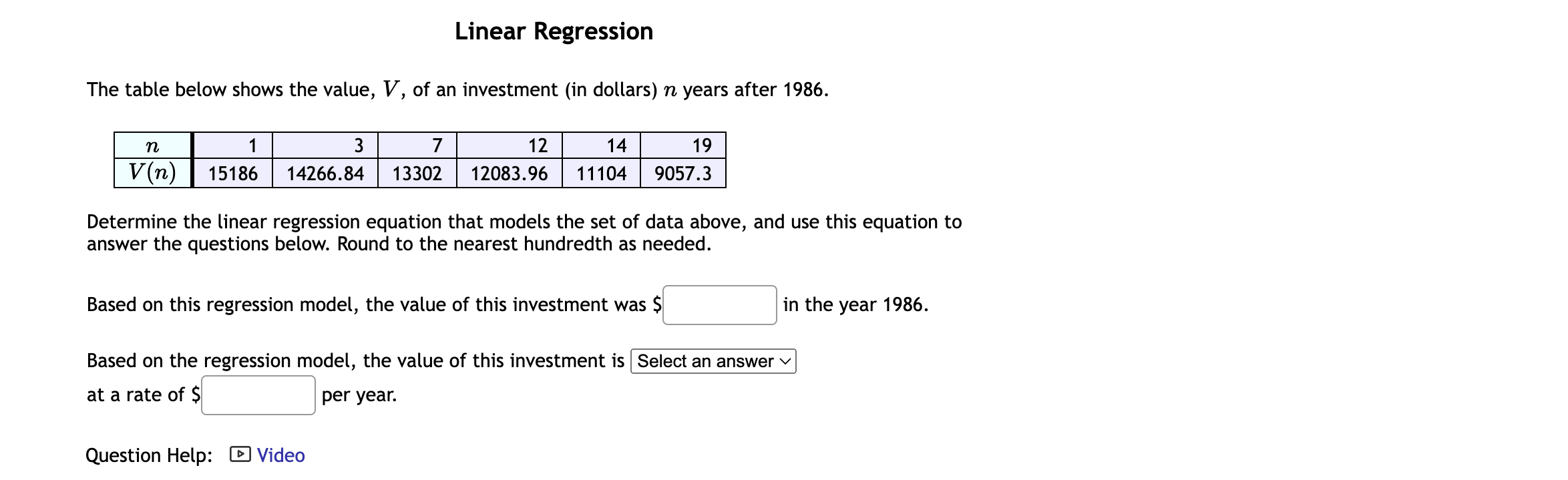 Solved Linear Regression The table below shows the value, V, | Chegg.com