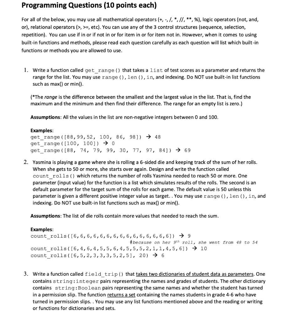 Solved Programming Questions (10 points each) For all of the | Chegg.com