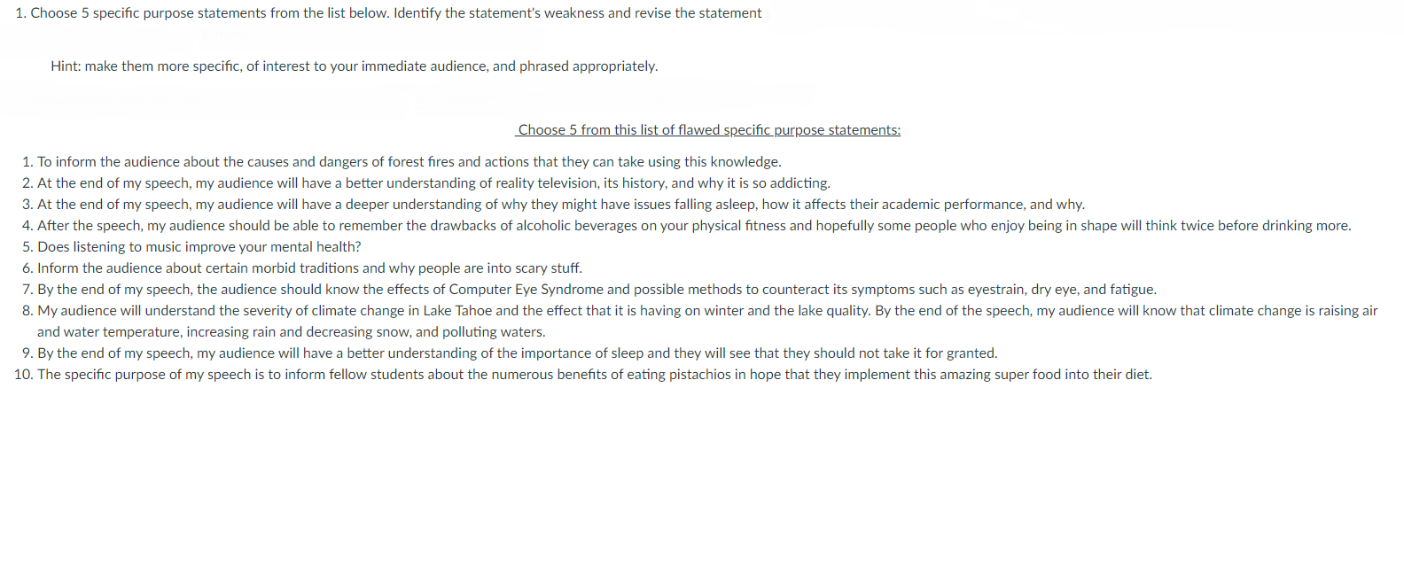 Solved 1. Choose 5 specific purpose statements from the list | Chegg.com