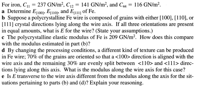 Solved For iron, C11=237GN/m2,C12=141GN/m2, and | Chegg.com