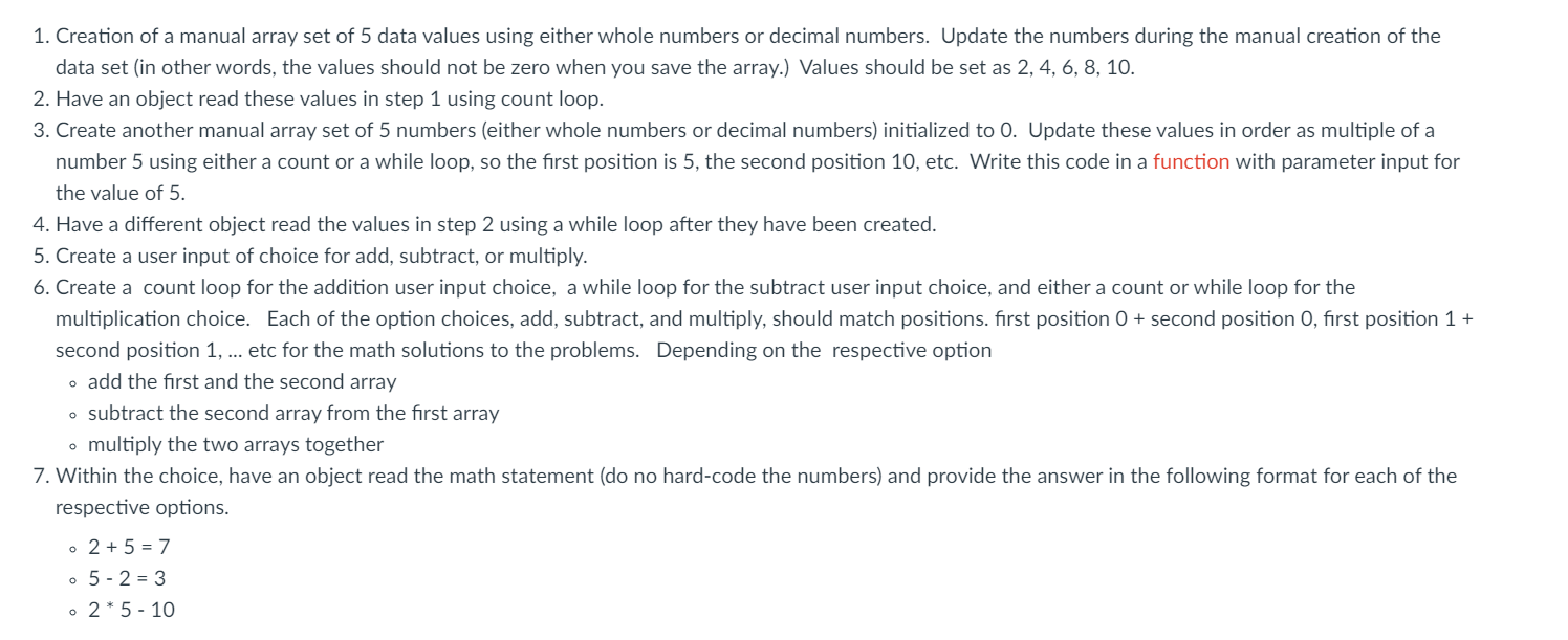 Solved 1. Creation of a manual array set of 5 data values | Chegg.com