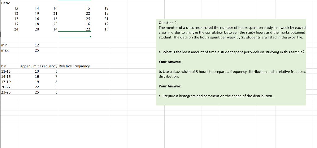 Solved Data: min: max: Bin 11-13 14-16 17-19 20-22 23-25 13 | Chegg.com