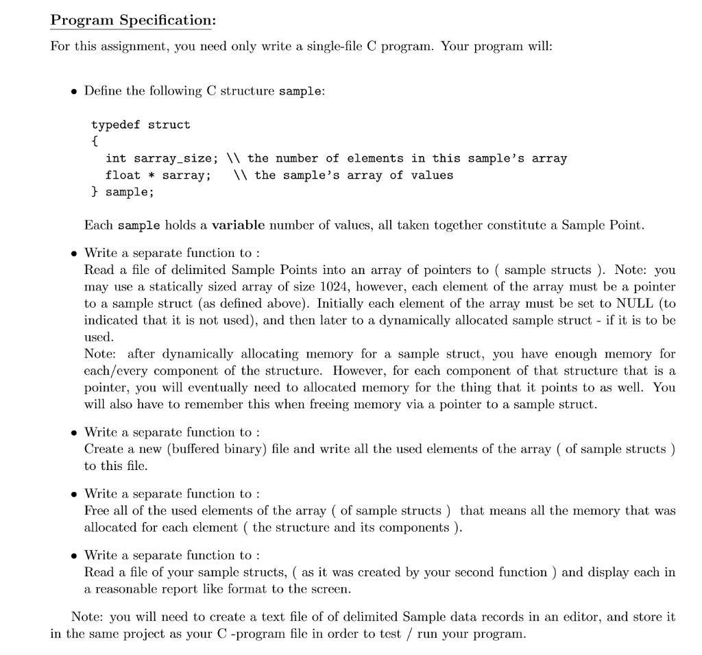 Program Specification Assignment Need Write Single File C Program Program Define Following 
