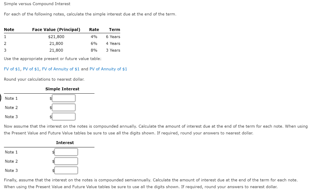 Solved Simple versus Compound Interest For each of the | Chegg.com