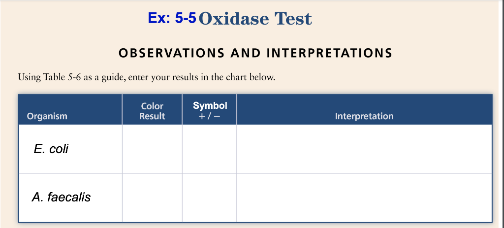 Solved Ex: 5-5 Oxidase Test OBSERVATIONS AND INTERPRETATIONS | Chegg.com
