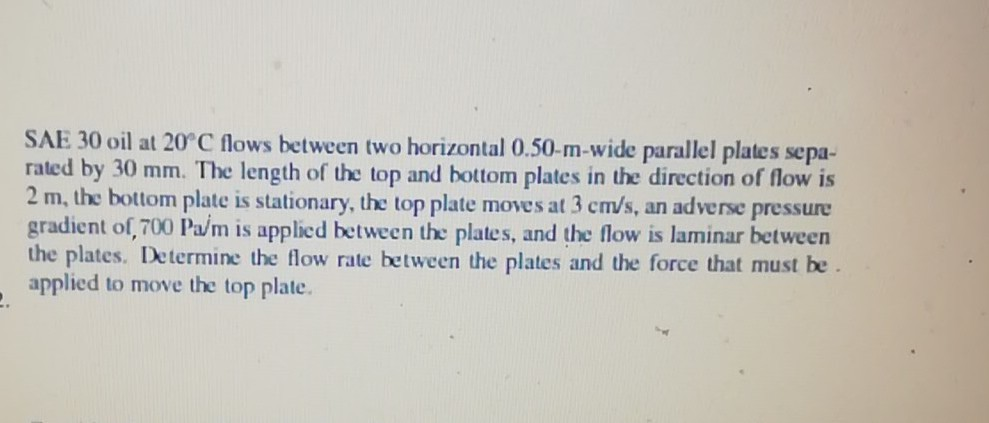 Solved SAE 30 oil at 20°C flows between two horizontal | Chegg.com