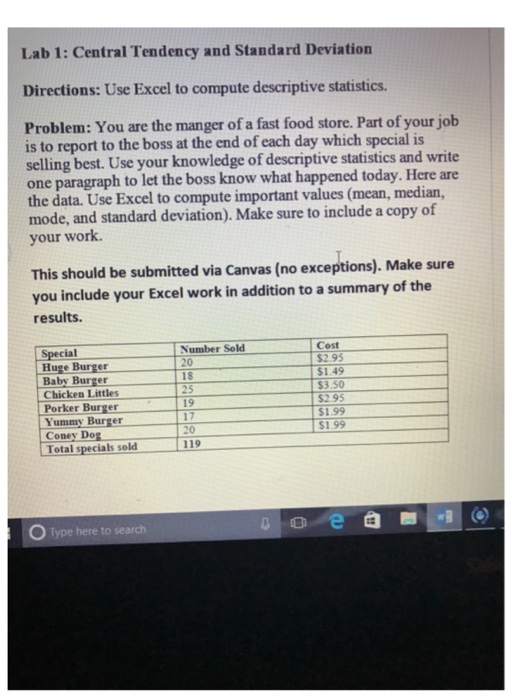 Solved Central Tendency and Standard Deviation Directions: | Chegg.com