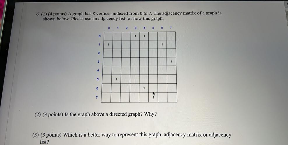 Solved 6. (1) (4 points) A graph has 8 vertices indexed from | Chegg.com