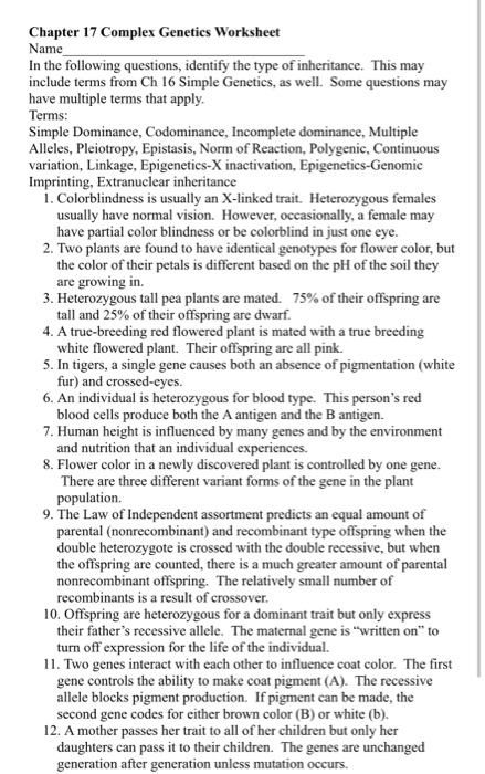 Chapter 17 Complex Genetics Worksheet ame In the | Chegg.com