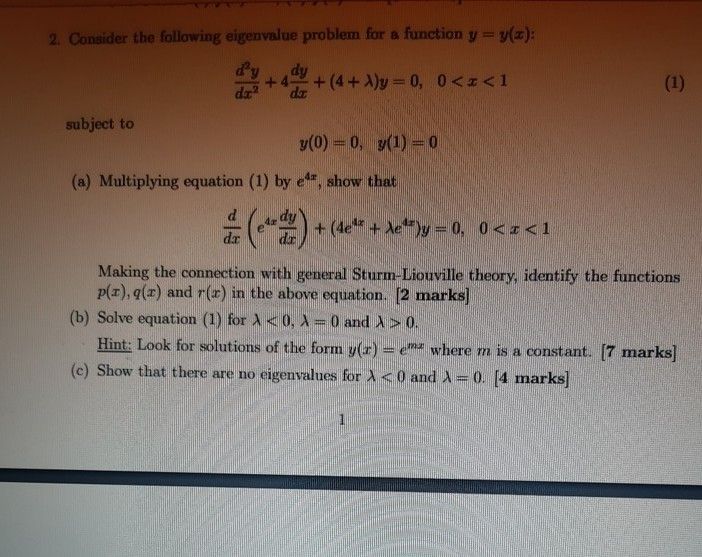 Solved 2. Consider the following eigenvalue problem for a | Chegg.com